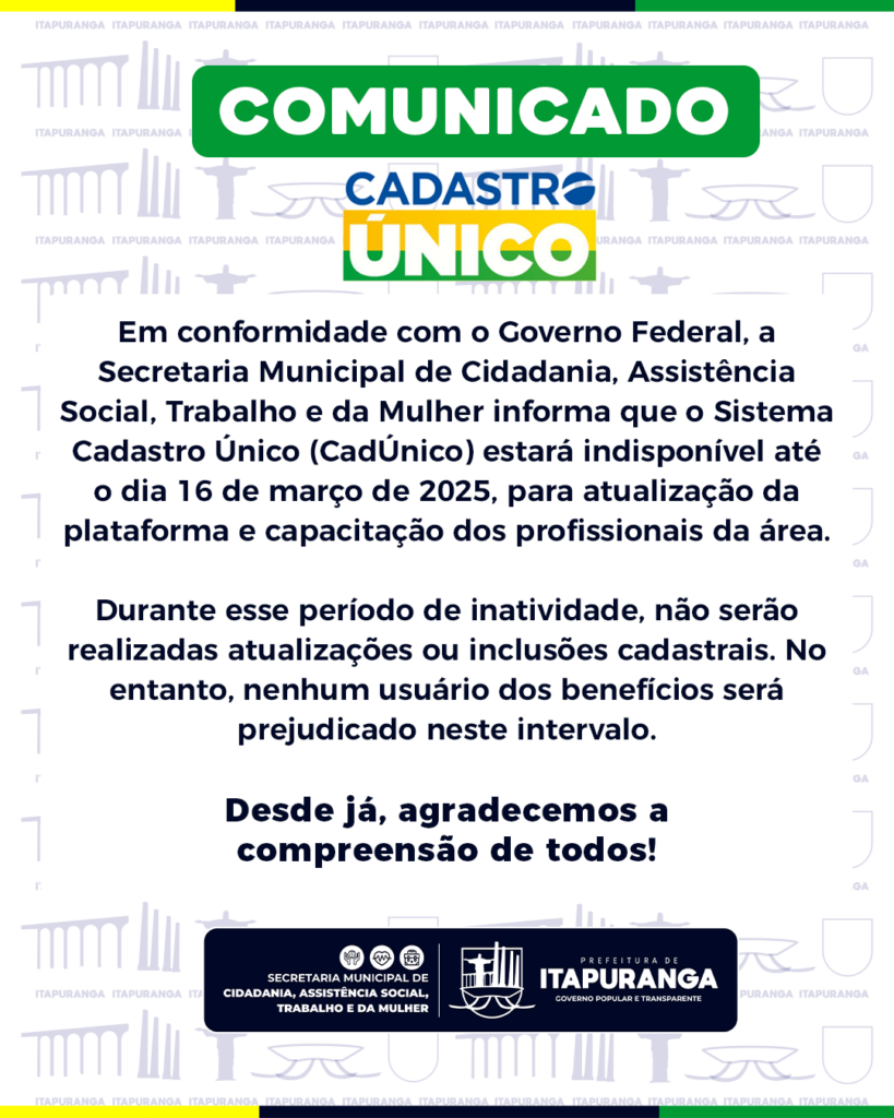 COMUNICADO – CAD ÚNICO – Prefeitura Municipal de Itapuranga